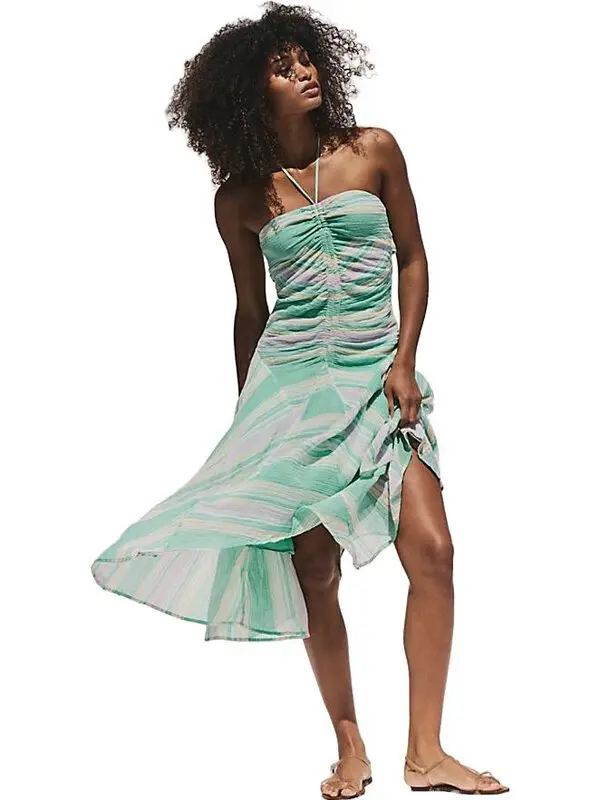 Free People Karina Midi Dress With Ruched Halter And Handkerchief Skirt - Sage Combo