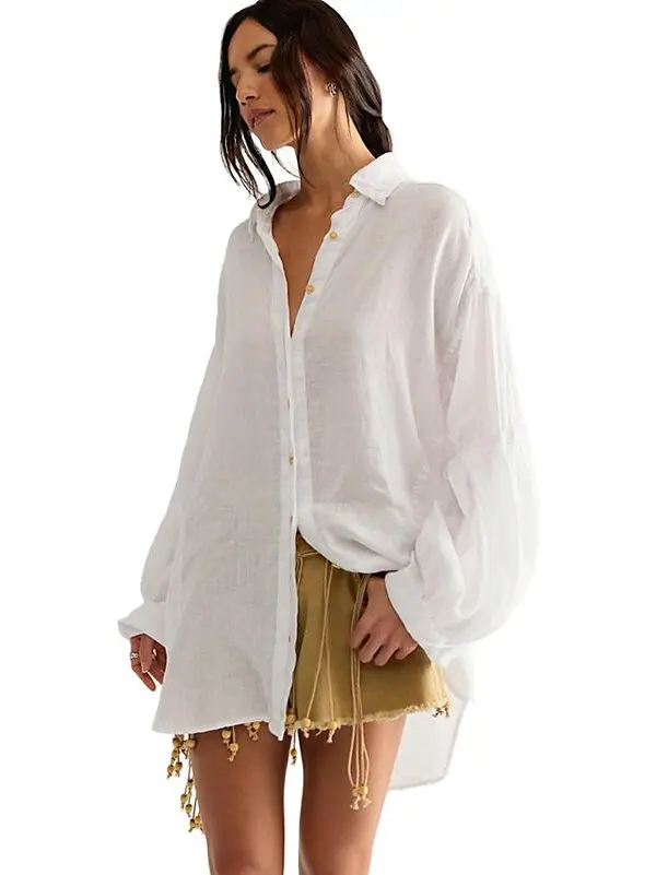 Free People Selene Button Down Linen Shirt - Ivory