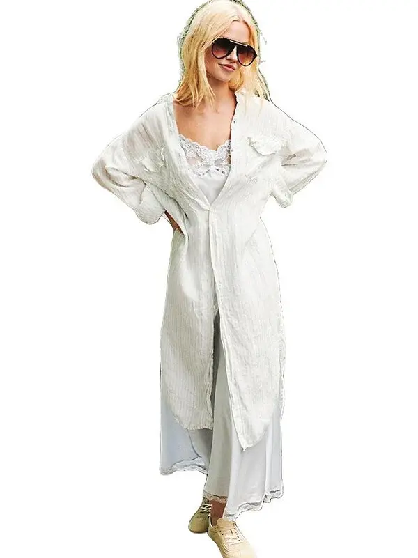 Free People Striped Linen Maxi Shirt - Blue And White Stripe