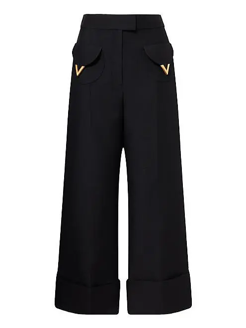 Valentino Garavani Wool-blend Wide-leg Trousers With Logo Plaque - Nero