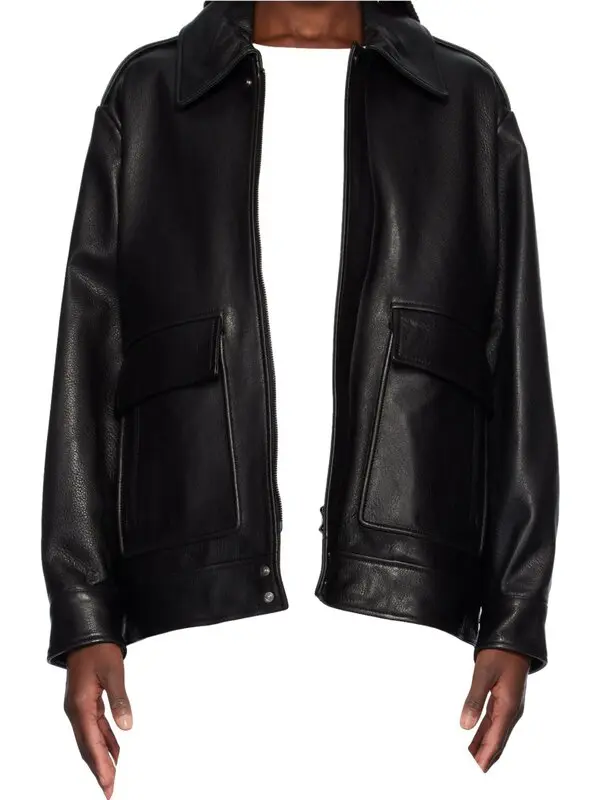 Nour Hammour Zip Up Leather Jacket With Drop Shoulder - Black