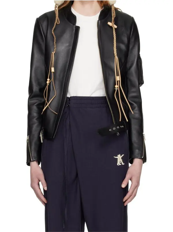 OPEN YY Patchwork Leather Moto Jacket - Black