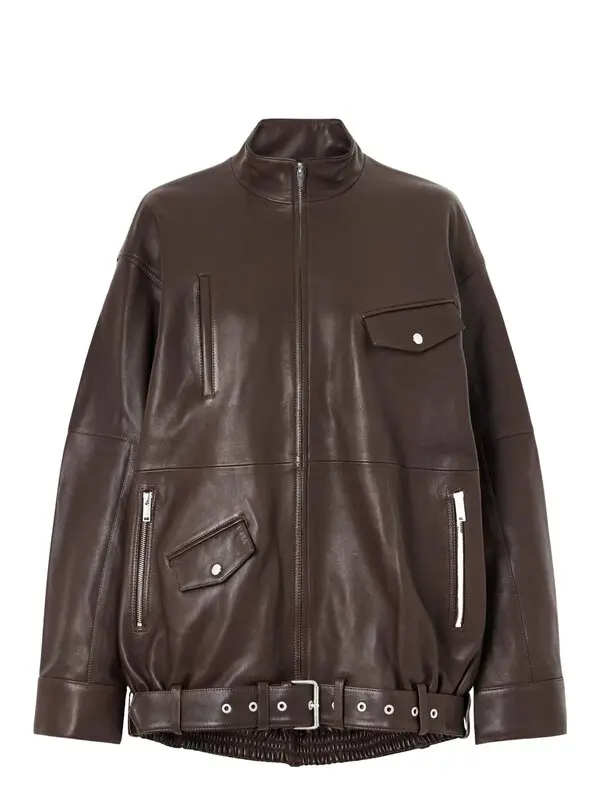 Tibi Belted Leather Bomber Jacket - Black