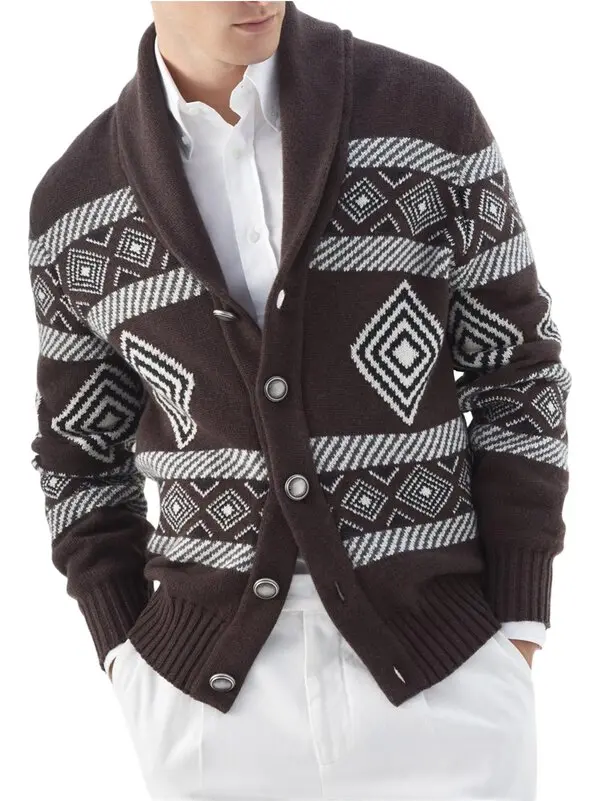 Brunello Cucinelli Cashmere Intarsia Shawl Collar Cardigan - Black