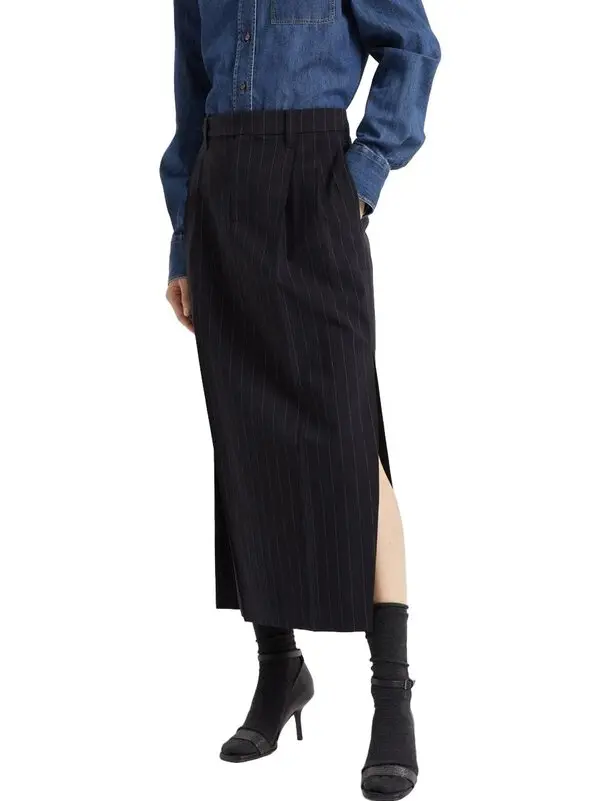 Brunello Cucinelli Pinstripe Tailored Midi Skirt - Black