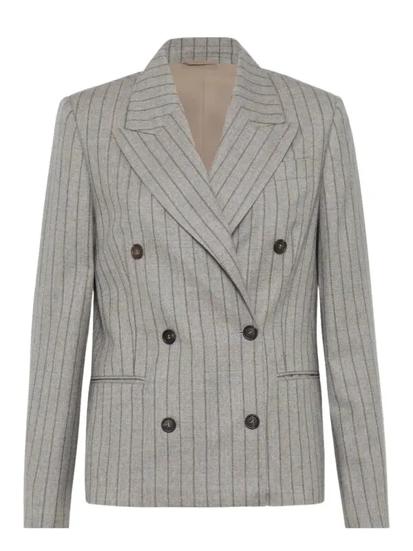 Brunello Cucinelli Pinstripe Double-breasted Blazer With Monili Chain Detail - Taupe