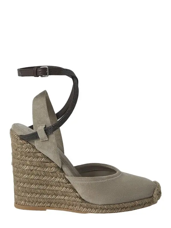 Brunello Cucinelli Monili-embellished Suede Wedge Sandals - Green