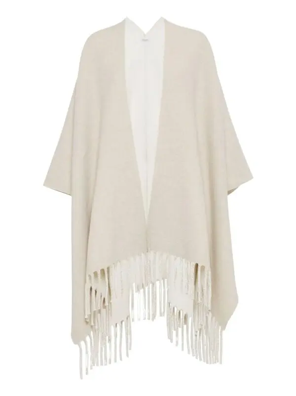 Brunello Cucinelli Double Knitted Poncho With Tassel Trim - Beige