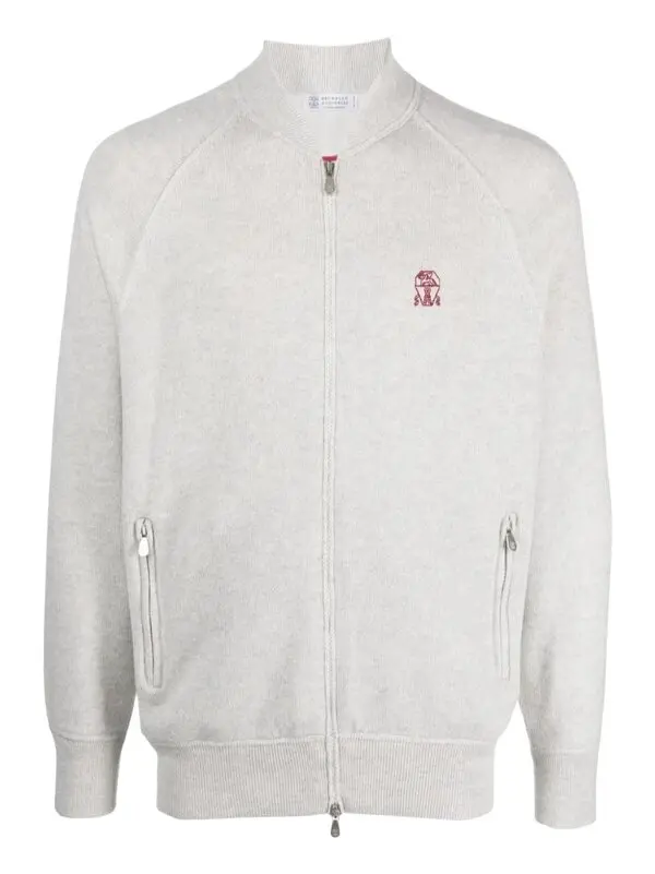 Brunello Cucinelli Cashmere Zipper Cardigan With Logo Embroidery - White
