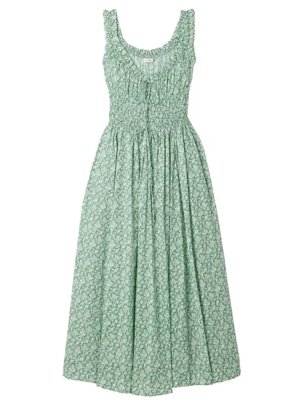 DÔEN Emmaretta Floral-print Organic Cotton-voile Midi Dress With Tie Detail - Green