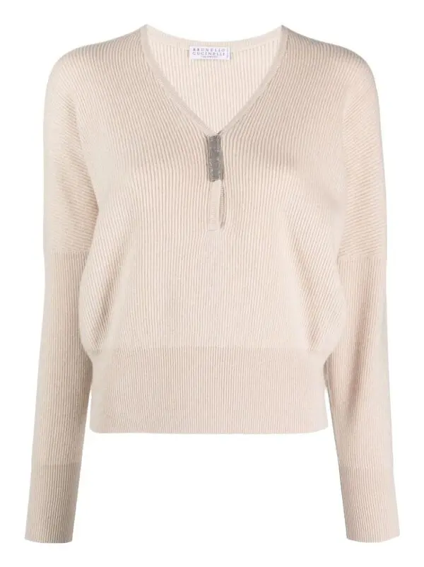 Brunello Cucinelli Embellished V-neck Jumper - Nude