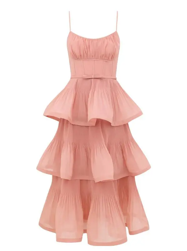 Zimmermann Pleated Tiered Midi Dress - Dusty Pink