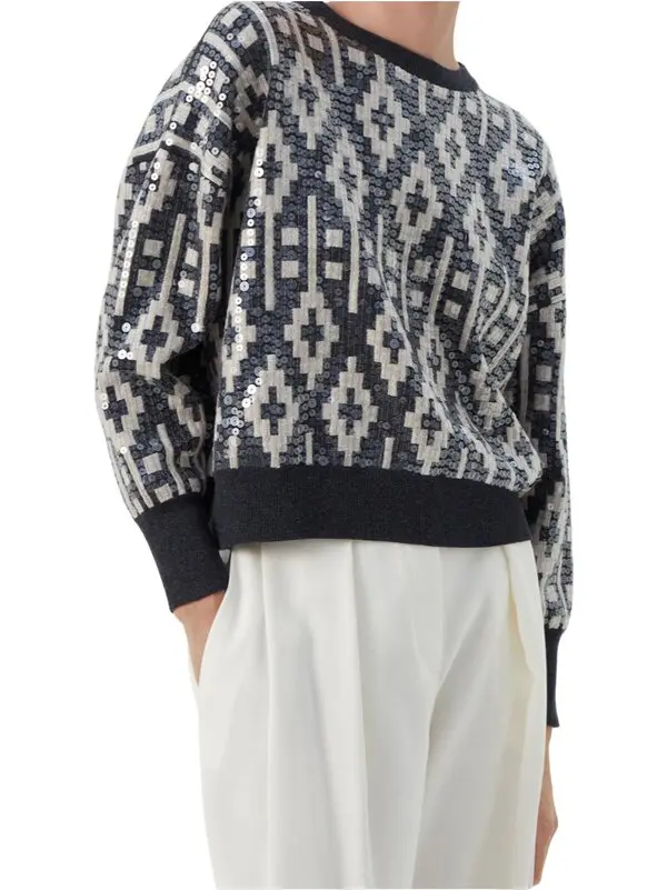 Brunello Cucinelli Geometric Sequin Embellished Crewneck Sweatshirt - Gray
