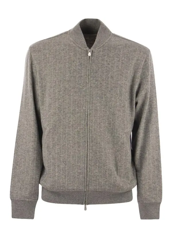 Brunello Cucinelli Striped Zipped Knit Cardigan - Gray