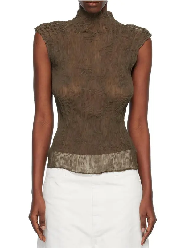 Issey Miyake Pleated Sheer Turtleneck Top - Dark Brown