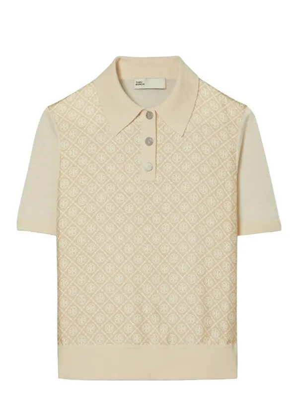 Tory Burch Graphic Print Short Sleeve Knit Polo - Nude