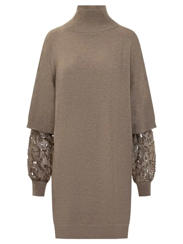 Brunello Cucinelli High Neck Long Sleeve Day Dress With Embellished Cuffs - Taupe