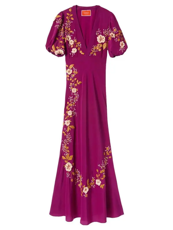La DoubleJ Embroidered Silk V-neck Maxi Dress - Purple