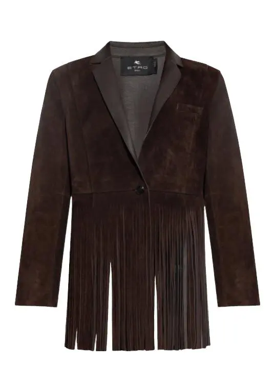 Etro Single-breasted Suede Jacket With Fringing And Tassels - Black