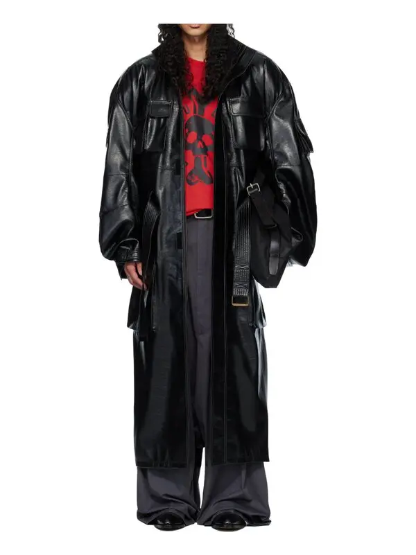LU'U DAN Faux Leather Ram Cargo Trench Coat - Black