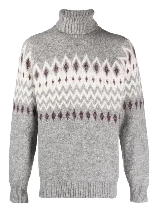 Brunello Cucinelli High Neck Patterned Intarsia-knit Sweater - Gray