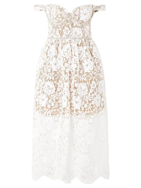 SELF-PORTRAIT Off-the-shoulder Lace Midi Dress With Scallop Hem - White