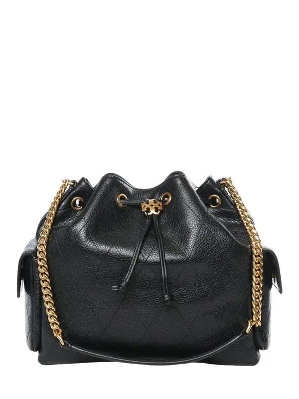 Tory Burch Charlie Quilted Leather Drawstring Shoulder Bag - Black