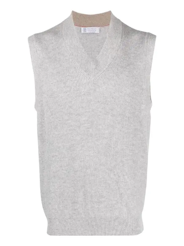 Brunello Cucinelli V-neck Cashmere Knit Vest - White