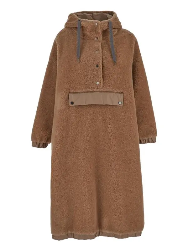 Brunello Cucinelli Faux Fur Midi Cape With Drawstring Hood - Brown