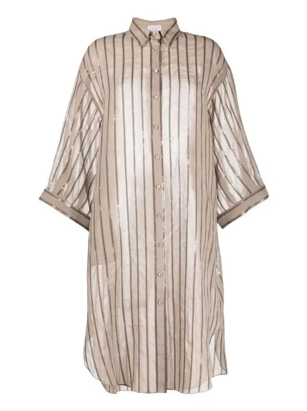 Brunello Cucinelli Sequin-embellished Striped Cotton Shirtdress - Nude