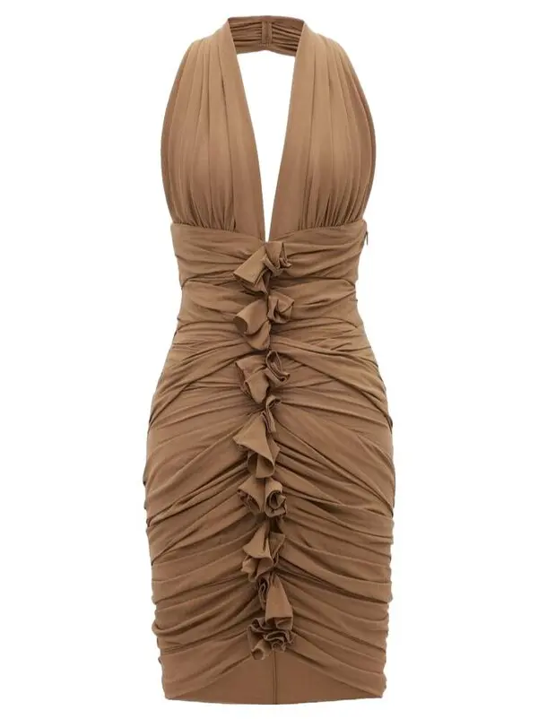 Saint Laurent Ruched Halterneck Dress - Dark Beige