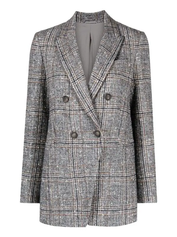Brunello Cucinelli Double-breasted Checked Wool-blend Blazer - Gray