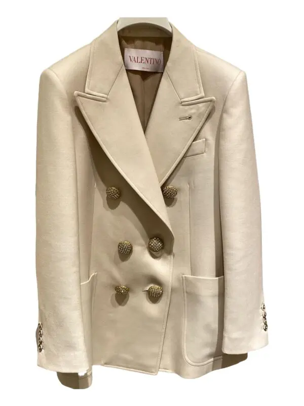Valentino Garavani Diagonal Dry Wool Double-breasted Blazer - Nude