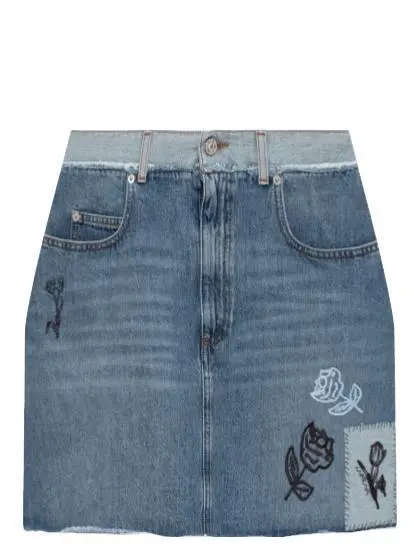Marni Embroidered Frayed Denim Mini Skirt - Gray
