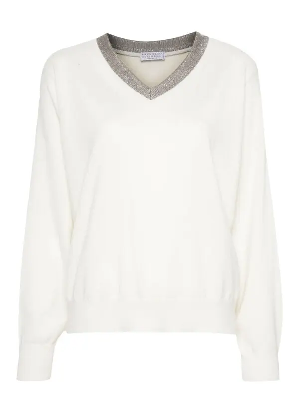 Brunello Cucinelli Long Sleeve V-neck Sweater With Monili Chain Detail - No