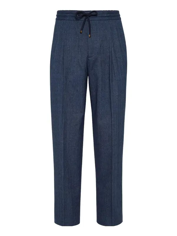 Brunello Cucinelli Drawstring Pleated Tapered Trousers - Navy Blue