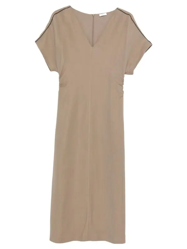 Brunello Cucinelli V-neck Detailed Midi Dress - Beige