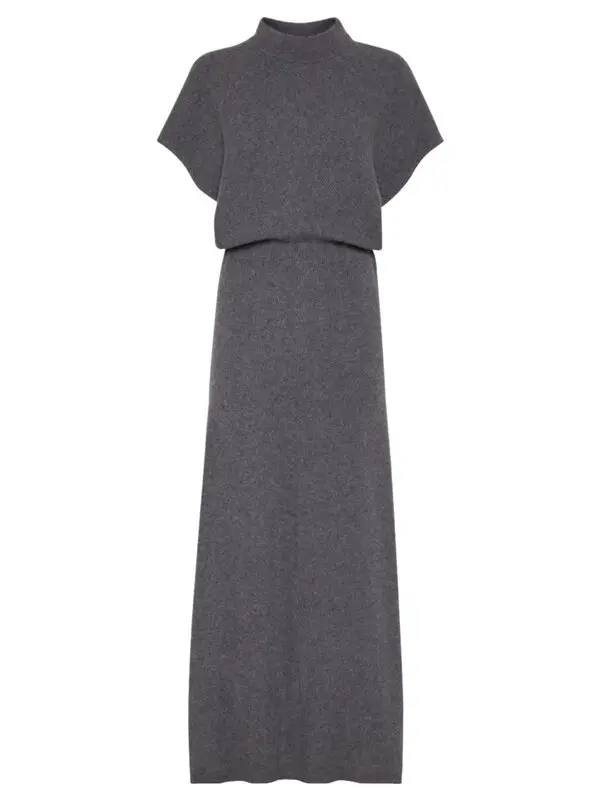 Brunello Cucinelli Mock Neck Short Sleeve Knitted Maxi Dress - Steel Gray