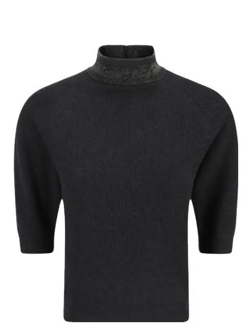 Brunello Cucinelli Ribbed High-neck Knit Top With Embellished Collar - Steel Gray