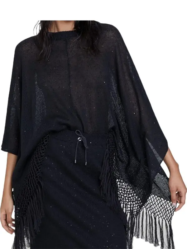 Brunello Cucinelli Sequin-embellished Knitted Cape With Rope Fringe - Black