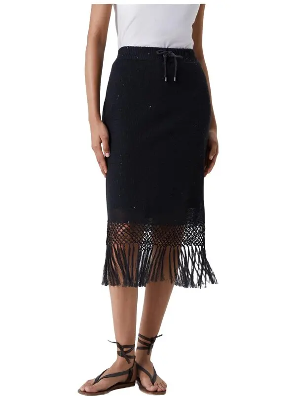 Brunello Cucinelli Fringed Edge Midi Skirt - Black