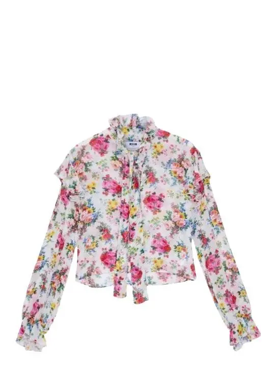 MSGM Floral Print Long Sleeve Tie Neck Shirt - White