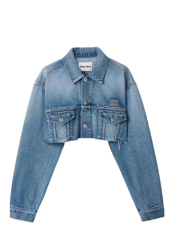 Miu Miu Cropped Washed Denim Jacket - Navy Blue