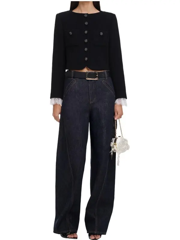 SELF-PORTRAIT Button-detailed Cropped Jacket With Lace Cuffs - Black