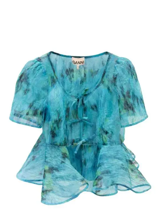 GANNI Printed Peplum Blouse With Bow Details - Blue