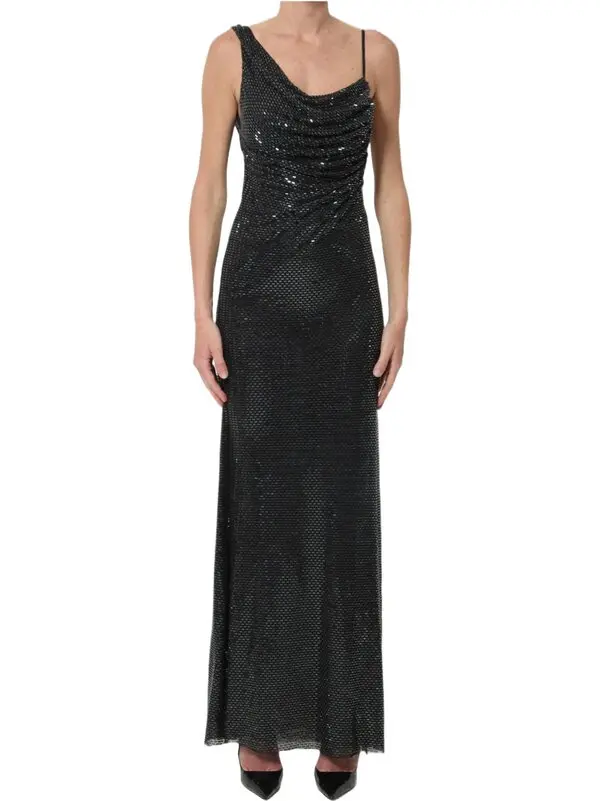 SELF-PORTRAIT Rhinestone Draped Maxi Dress - Black