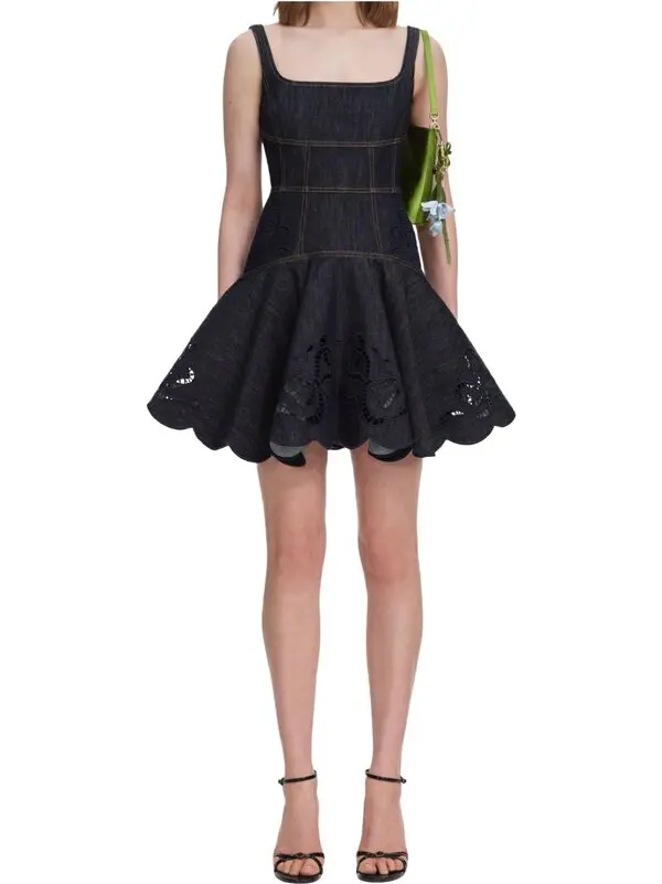 SELF-PORTRAIT Denim Bow Embroidered Mini Dress - Indigo
