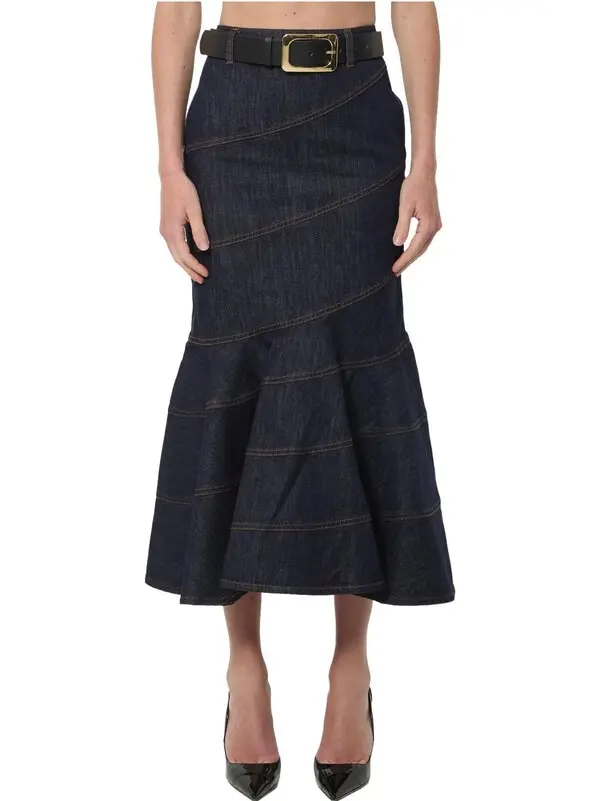 SELF-PORTRAIT Denim Fishtail Hem Midi Skirt - Black