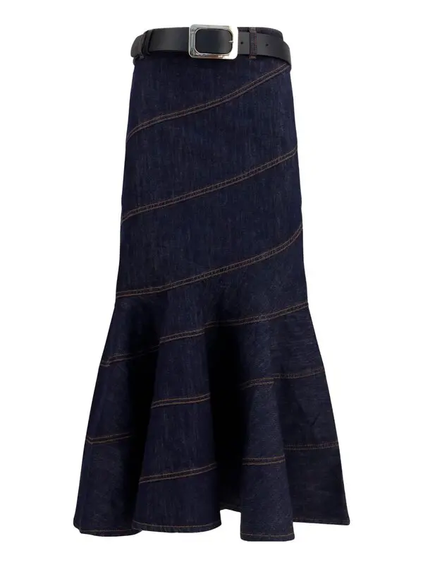SELF-PORTRAIT Denim Fishtail Hem Midi Skirt - Black