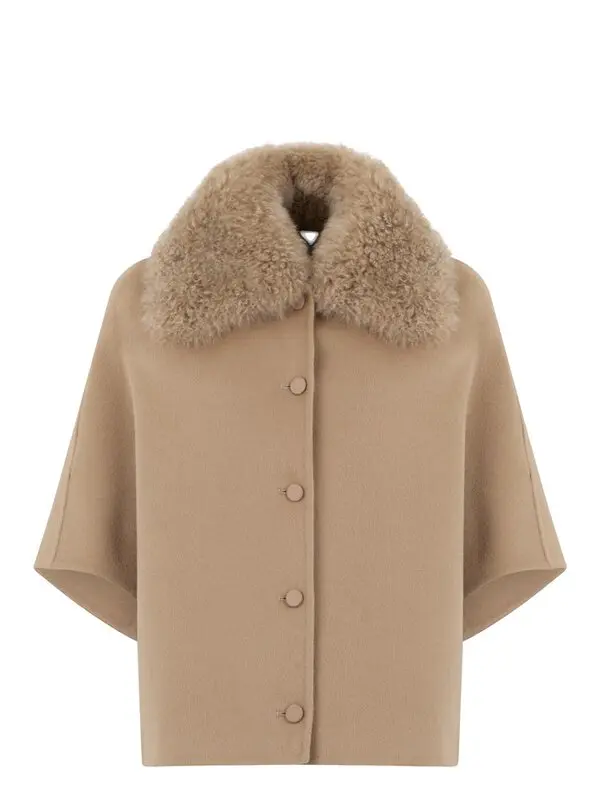 YVES SALOMON Short Shearling Collar Cape - Beige